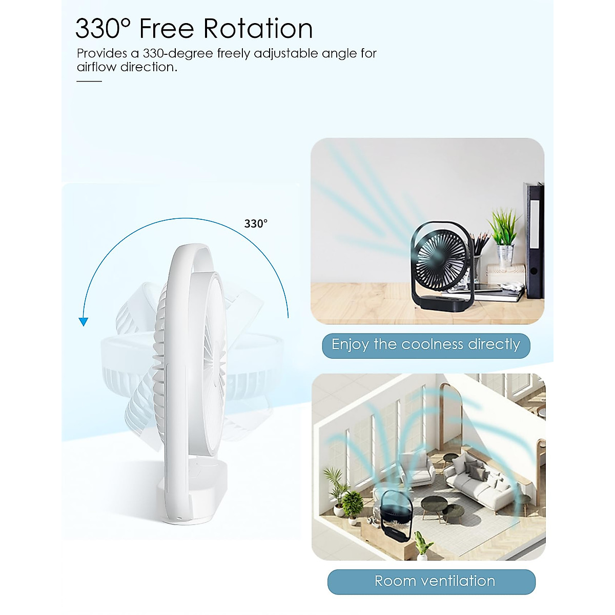 AceMining Fan, Silent Fans & Cooling, Rechargeable Fans, Desk Fan with 4 Speed, USB Fan with Night Light, 330° Rotation Electric Fan, Small Table Fan for Bedroom Office Bedside