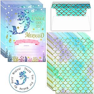 SamPartyShop Mermaid Invitations with Envelopes,Magical Glitter Mermaid Party Invitations,20 Fill in Mermaid Birthday Invitation Under The Sea Invitations