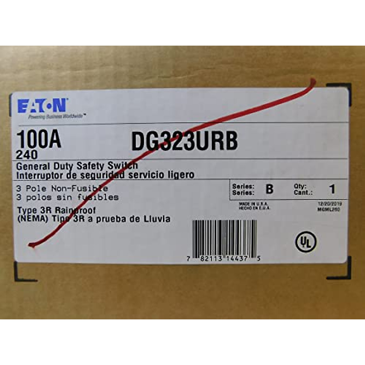 Eaton DG323URB Safety Switch,240VAC,3PST,100 Amps AC