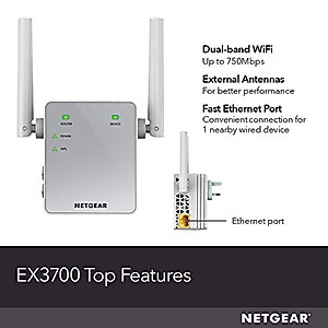 NETGEAR EX3700-100UKS AC750 WiFi Range Extender 802.11n/ac 1-Port Wall-plug External Antennas