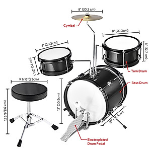 Drum Set 3-Piece Beginner Drum Set Junior Drum Set, Throne Stool, Drum Sticks, Bass Drum Pedal, Black
