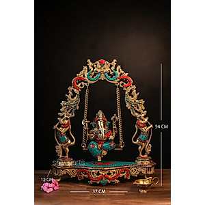 SHIVAJI ARTS Brass Ganesha Statue on Swing, 20 Inch Big Large Ganesh Idol on Jhoola in Brass, Swinging Ganesh Idol, Jhula Ganesh Murti, Showpiece