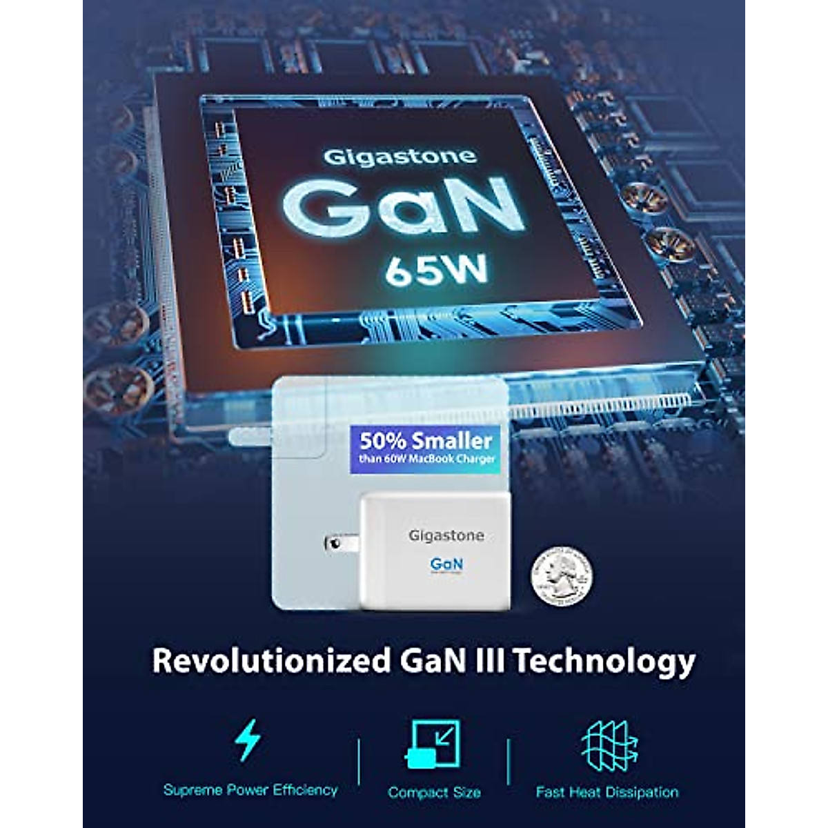 Gigastone 65W USB C Charger GaN Power Pro PPS Multiple Port Intelligent Power Allocation, Compact Foldable Plug Travel, Full Speed GaN Charger MacBook Air/Pro Dell XPS iPad iPhone 15/14 Galaxy S23