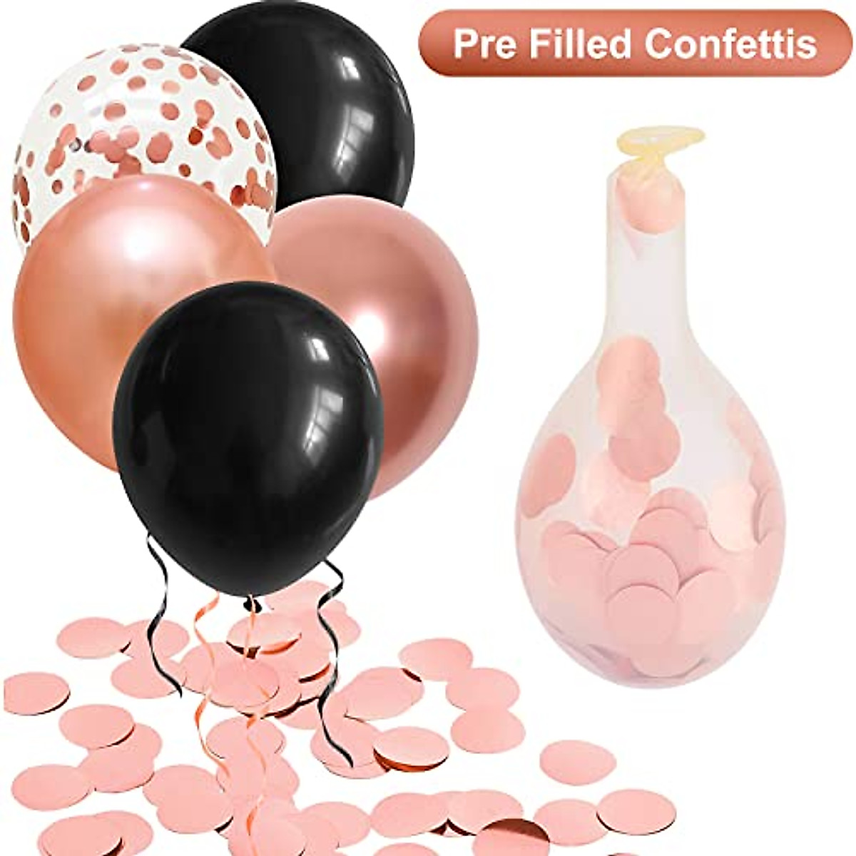 Rose Gold and Black Balloons, 60Pcs 12 Inch Metallic Rose Gold Balloons, Black Balloons and Confetti Balloons, Latex Balloons for Black Party Decorations, Rose Gold Birthday Decorations, Baby Shower
