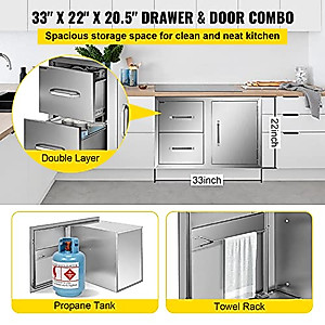 VBENLEM Outdoor Kitchen Drawers Combo 32.5x21.6 Inch Stainless Steel Access Door/Double Drawers with Paper Towel Rack for Outdoor BBQ Island & Kitchen