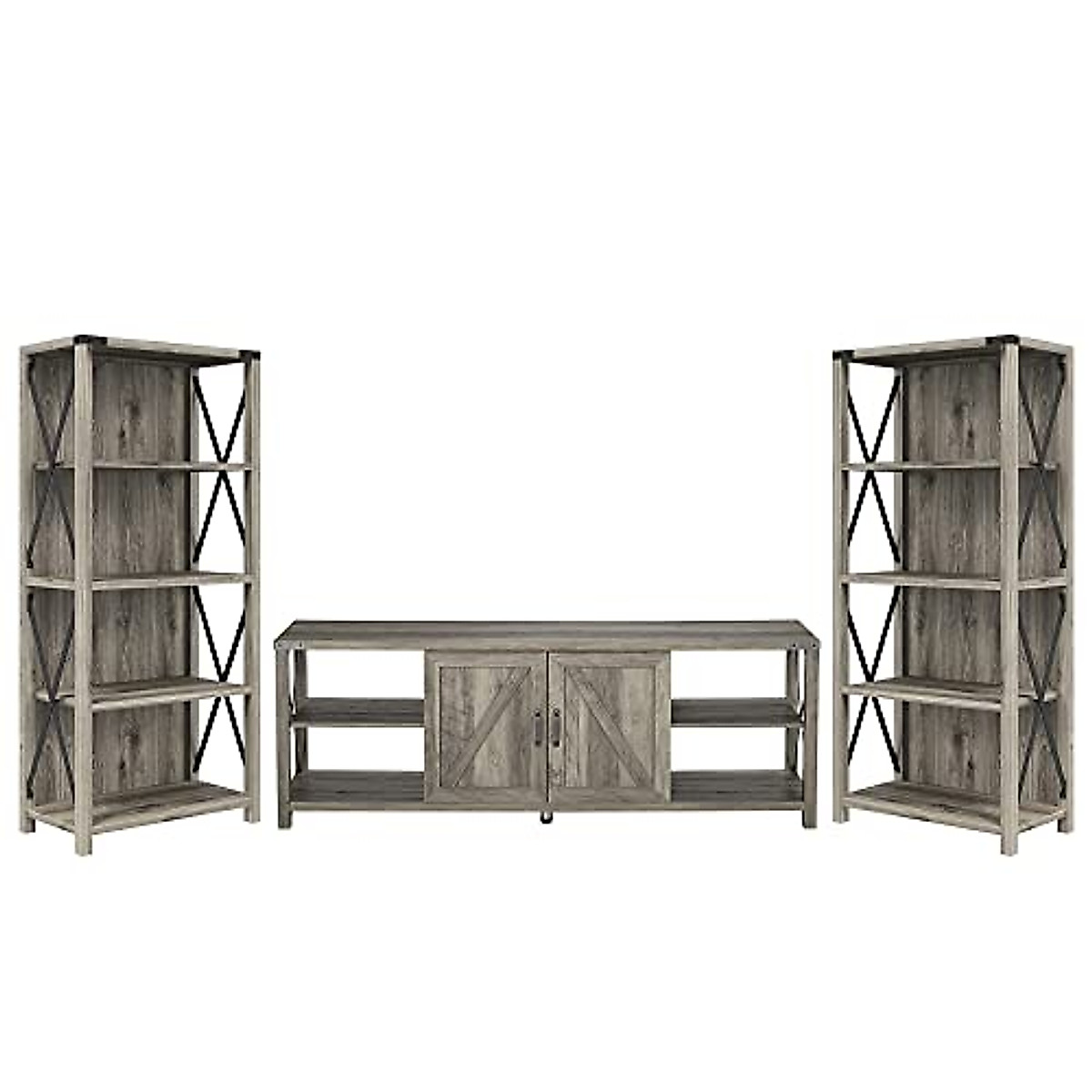 AMERLIFE Industrial Farmhous 68" TV Stand for TVs up to 70" & Set of 2 Industrial Metal X Back Bookshelf, 64", Rustic Wash Grey