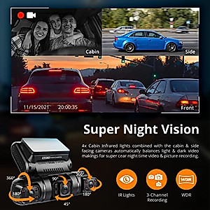 REXING S3 3-Channel Dash Cam Front, Cabin, Sides 1080P+1080p+1080p, 3” LCD, GPS, Infrared Night Vision, Parking Monitor, WiFi,APP, 170°Angle, Loop Recording, Side Coverage, Support up to 256GB
