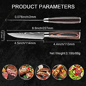 XT XITUO Steak Knives Set of 6 Piece Damascus Patterned Stainless Steel Serrated Knife Wooden Handle Beef Cleaver Multipurpose Restaurant Cutlery Table Knife (6PC Steak Knife Set)