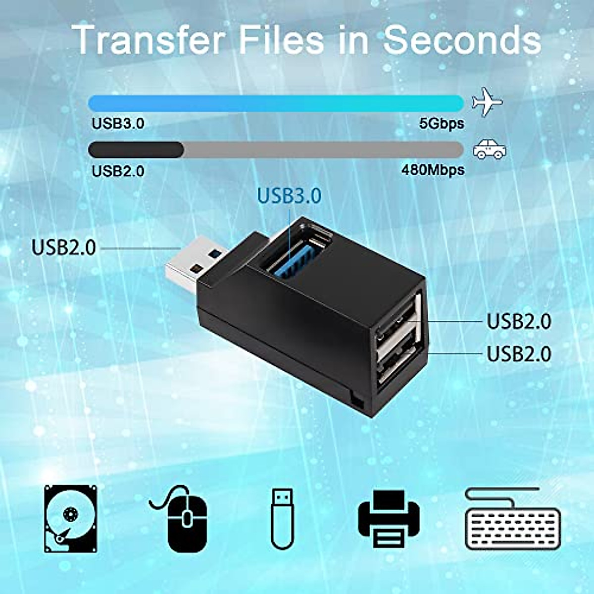 QIANRENON USB Hub 90 Degree Splitter 3 Port USB 3.0 Adapter Portable Powered Data USB Hub Transfer for PC Laptop USB Flash Drives，Black
