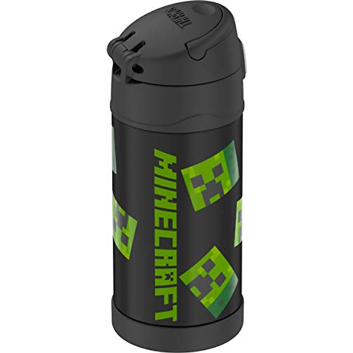 THERMOS FUNTAINER 12 Ounce Stainless Steel Vacuum Insulated Kids Straw Bottle, Dark Minecraft