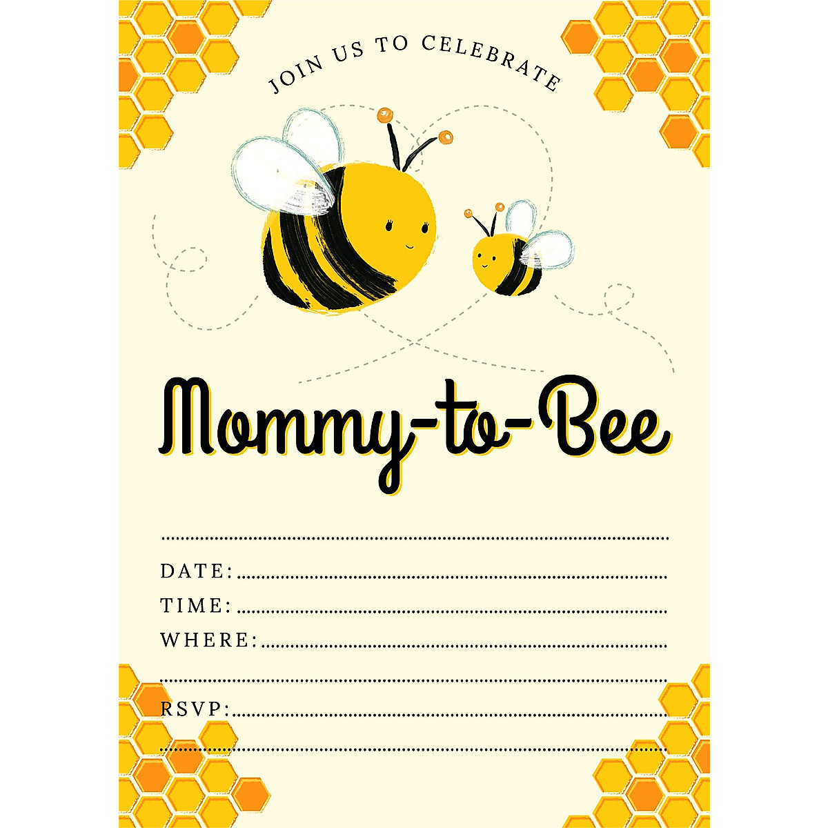 Mommy-to-Bee Bumble Bee Gender Neutral Yellow Baby 5x7 Baby Shower Invites - 24 Invites and 24 White Envelopes
