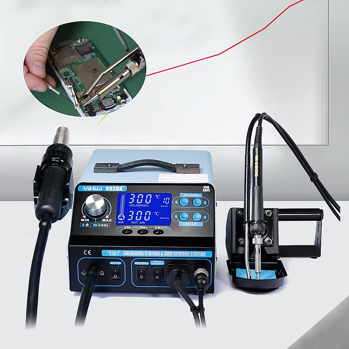 PIAOCAIYIN 992DA+ BGA Rework Soldering Station SMD Hot Air gun Solder Iron Pen Repair Board, 4 in1 Repairing Soldering Station, Multifunctional Soldering Station Kit