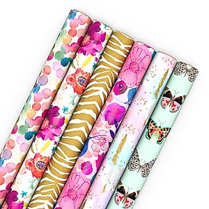 Hallmark Wrapping Paper Rolls for Birthday, Bridal Shower, Baby Shower, Gift Wrap Paper (Set of 6 Rolls: 180 sq. ft. ttl.) Butterflies, Gold Animal Print, Pink Flowers for All Occasions