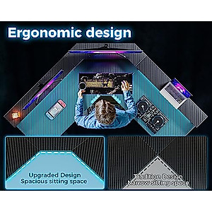 Coleshome L Shaped Gaming Desk with LED Lights & Power Outlets, Reversible 56" Computer Desk with Full Monitor Stand & Storage Shelves, Ergonomic Home Office Corner Desk, Black Carbon Fiber