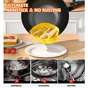 XIHEIMA 13 Inch Carbon Steel Wok Pan with Lid and Spatula,Wooden Cookwares Nonstick Woks ＆ Stir-Fry Pans,No Chemical Coated Flat Bottom Chinese Wok for Induction, Electric, Gas, Halogen, All Stoves