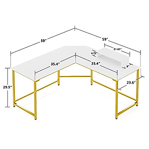 Elephance 59" L Shaped Desk Corner Computer Desk Gaming Table with Monitor Stand Workstation for Home Office (Large, White+ Gold Frame)