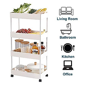 Moxeay 4 Tier Slim Storage Cart Bathroom Utility Cart Mobile Shelving Unit ABS Storage Basket Shelves Rolling Utility Cart Organizer with Caster Wheels for Kitchen Bathroom Laundry Office