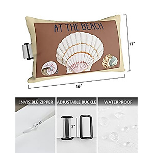 Recliner Head Pillow Ledge Loungers Chair Pillows with Insert AT THE BEACH Vintage Ocean Shell Lumbar Pillow with Adjustable Strap Outdoor Waterproof Patio Pillows for Beach Pool Chair, 2 PCS