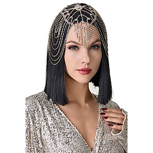 BABEYOND Vintage Style Roaring 20s Crystal Rhinestone Flapper Cap Headpiece Head Jewelry Chains (Gold)