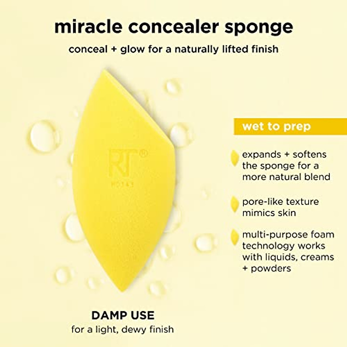 Real Techniques Miracle Concealer Sponge, Makeup Blending Sponge For Liquid & Cream Concealer, Elongated Shape For Precise Application Under Eyes & Tight Areas, Yellow, Latex-Free Foam, 1 Count