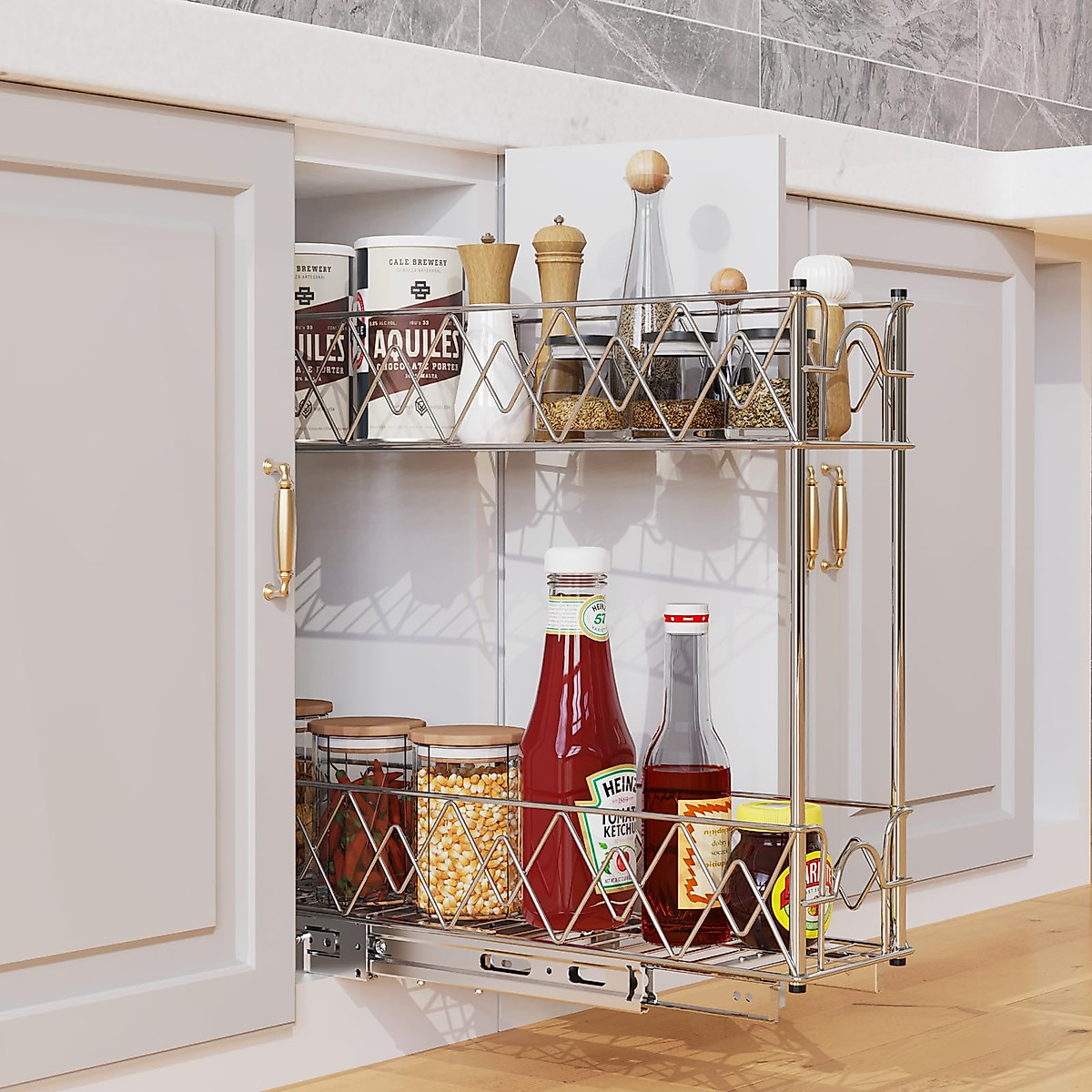 Glolaurge Pull Out Cabinet Organizer 5" W x 21" D, 2-Tier Narrow Kitchen Cabinet Drawer Slide Out Shelves, Chrome