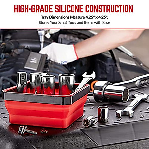 Collapsible Magnetic Parts Tray Set - (Pack of 3) Tool Trays for Screw, Bolts, Nuts, Washers, Pins and Other Small Metal Parts - 4.25 Inch Square - Red, Blue, and Green