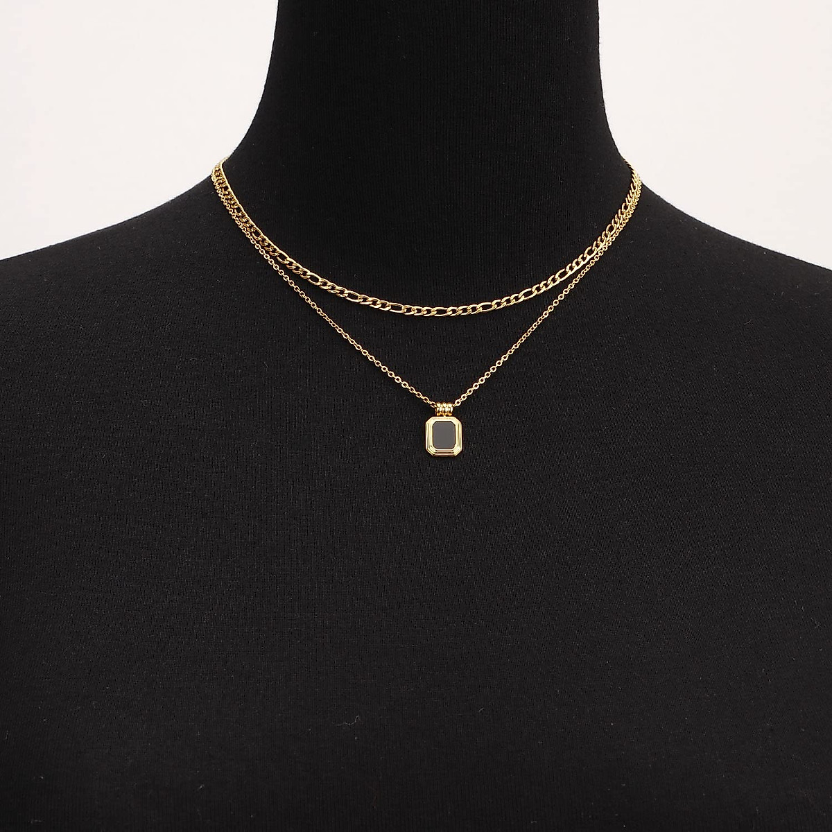 LETTARIUS Layering Necklace Gold Curb Chain Choker Dainty Black Square Pendant Layered Collar Necklace Stainless Steel Jewelry for Women