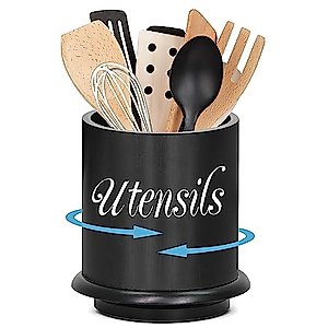 Y&ME YM Utensil Holder, 360° Rotating Kitchen Utensil Holder for Countertop, Bamboo Utensil Crock Utensil Caddy for Flatware, Cooking Utensil Organizer for Farmhouse Kitchen Decor (Black)