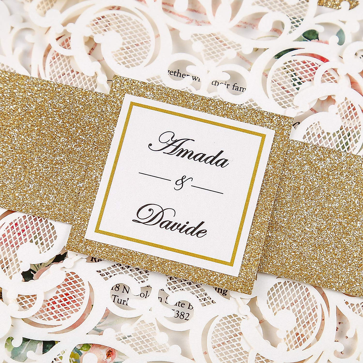 DreamBuilt 6.3 x 6.3 inch Ivory Laser Cut Wedding Invitations Cards with Gold Glitter Border and Bellyband for Wedding Bridal Shower (Ivory, 50pcs Blank)