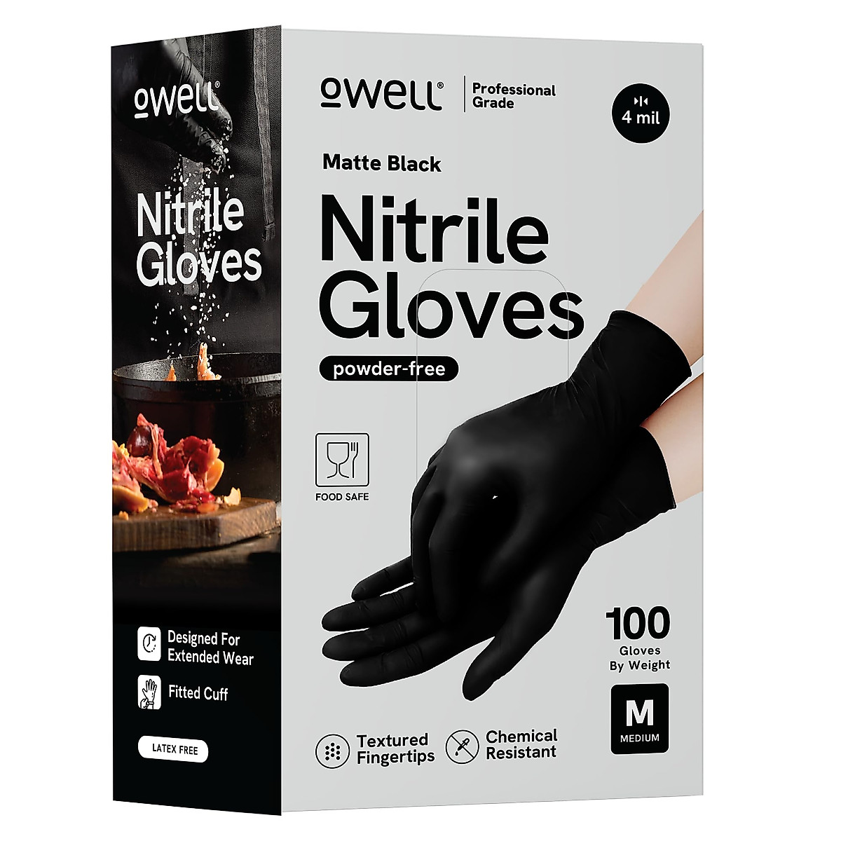 OWELL Black Nitrile Gloves Disposable Latex Free – 4 mil Nitrile Gloves MEDIUM Disposable Gloves Black Cooking Gloves Disposable Food Safe Powder Free Latex Free Gloves (MEDIUM - 100 Count)