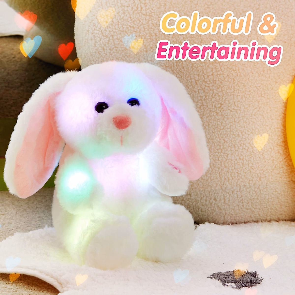 BSTAOFY 8'' Easter Light up White Bunny Soft Plush Toy LED Rabbit Lop Ear Night Light Stuffed Animals Easter Birthday Valentines Day Easter Christmas Festival Gift for Kids Toddlers