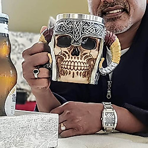 CHICVITA Stainless Steel Viking Mug, Skull Coffee Mug, Double Handles Viking Beer Cup, Cool Tea Cups For Men, Dad Coffee Mug Gift, 6.8 x 5 x 3.1 inches