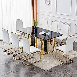 Goderfuu Black Marble Dining Table for 8 People - 71 inch Modern Kitchen Dining Room Table with Gold Base, Faux Marble Dining Table Pedestal Table Dinner Table, Large Marble Table for Dining Room
