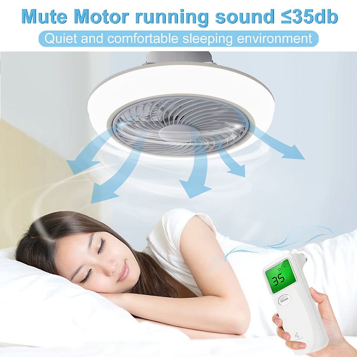 PINFM 16in Remote Invisible Ceiling Fan,72W Flush Mount Low Profile, 3 Speeds, 3 Wind Speed Ceiling Fan and Lights,(1/2h) Timing,for Kitchen, Living Bed Room.