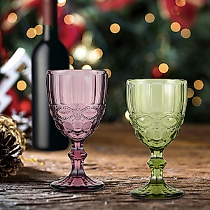 Wongblee Vintage Glass Goblets 10.8 Oz, Embossed Stemmed Glasses, Assorted Colored Drinking Glasses for Wine, Water, Juice, Beverage, Set of 4