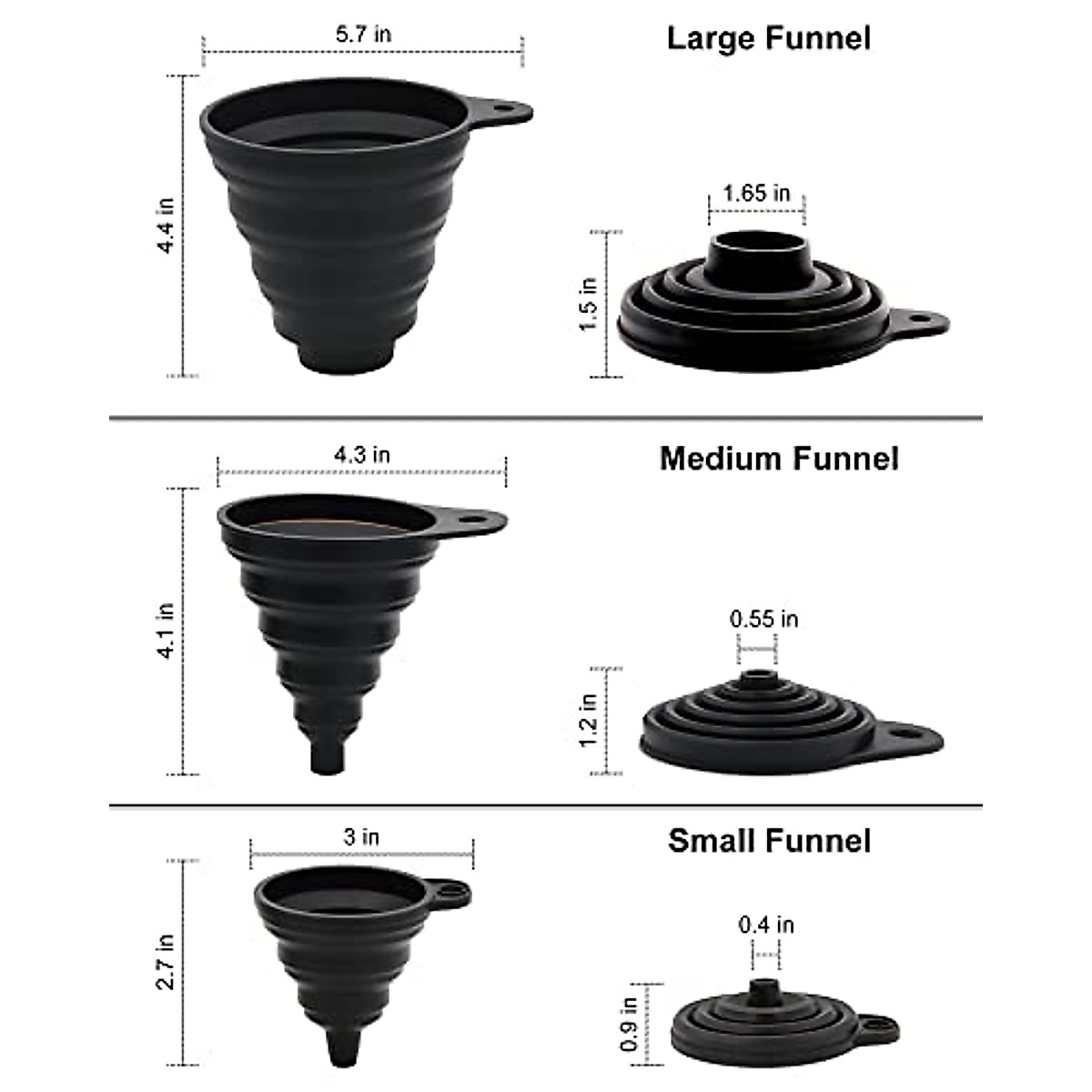 3 Sizes of Kitchen Funnel Set, Food Grade Funnels for Filling Bottles, Premium Silicone Collapsible Funnel for Transferring Liquid, Powder Transfer, Large Wide Mouth Canning Funnel, Small Funnel