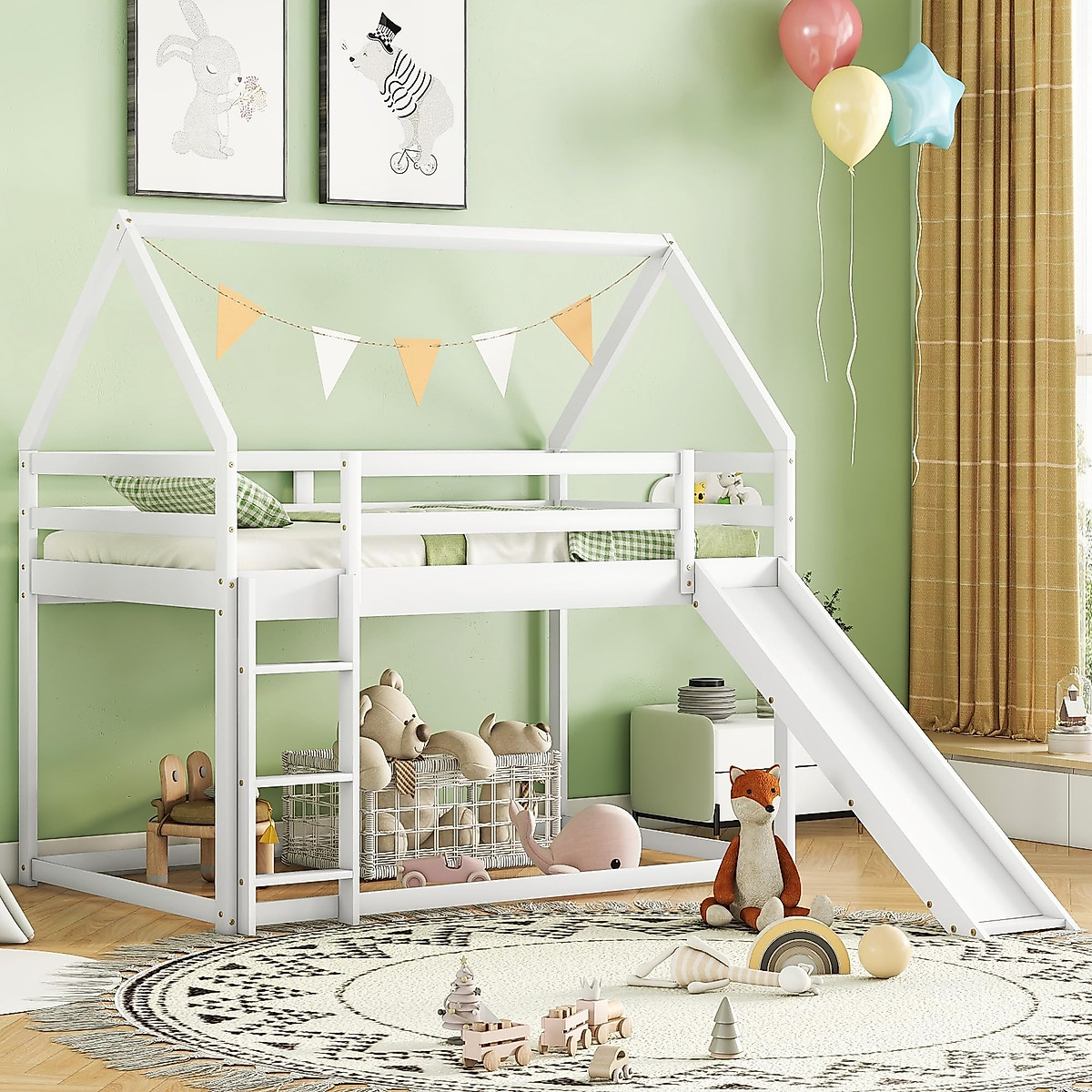 MERITLINE House Bunk Bed with Slide, Twin Bunk Beds for Kids,Wood Bunk Beds with Slide and Roof, Slide Bunk Bed with Ladder for Girls, Boys,White