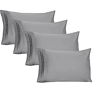 YIYEA Embroidered Pillow Cases Queen Size Set of 4, 1800 Thread Egyptian Quality Brushed Microfiber Bed Pillowcases with Envelope Closure, Wrinkle, Fade and Stain Resistant (20"x30", Grey)