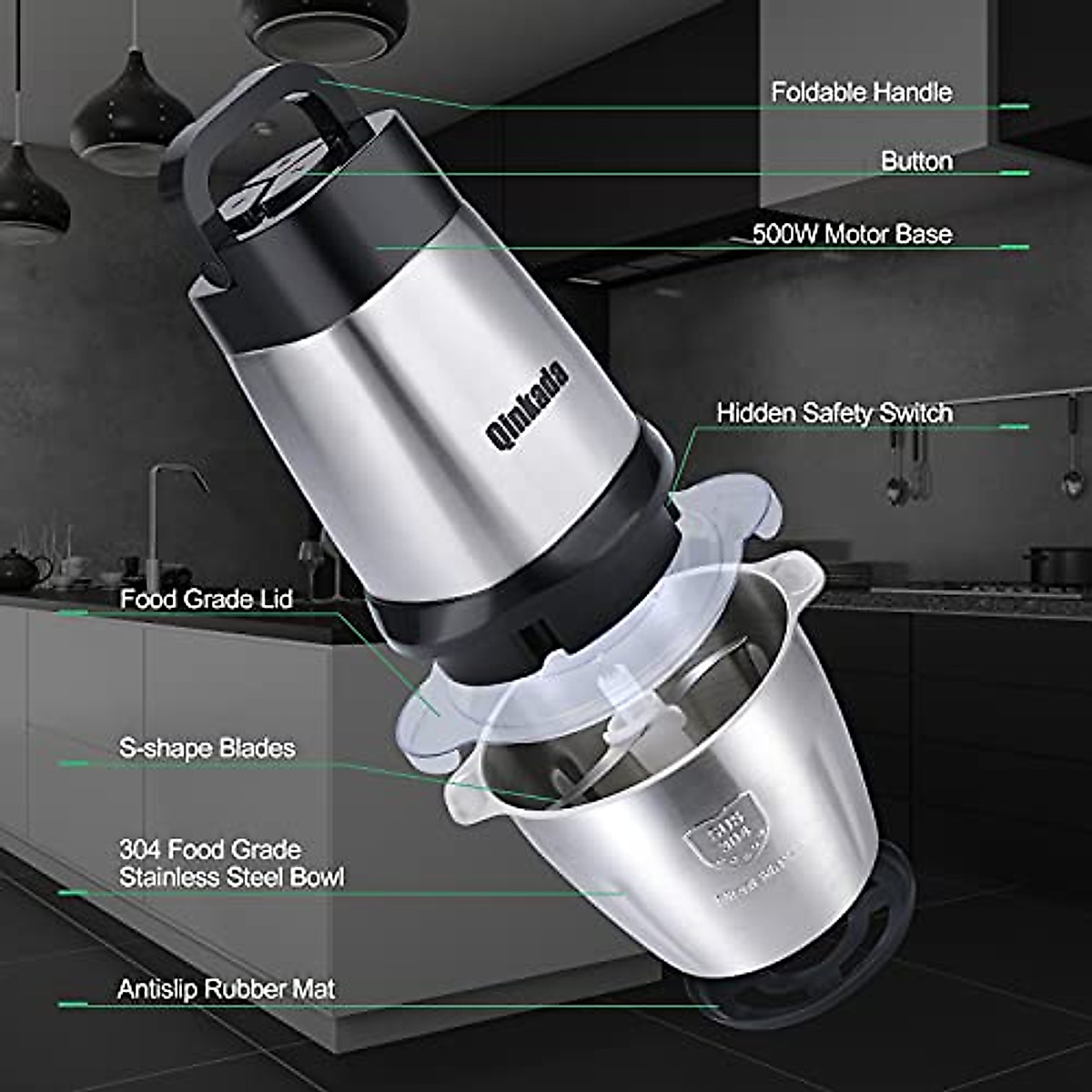 Electric Meat Grinder, Qinkada 500W Food Processor 3.5L Chopping Meat, 14Cup Large Stainless Steel Electric Food Chopper with 4 Sharp Blades 3 Rotating Speed Levels and Spatula