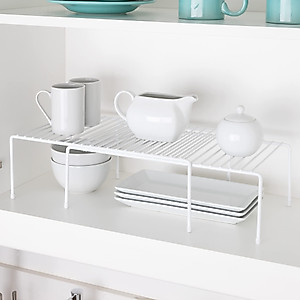 Smart Design Kitchen Storage Expandable Shelf Rack w/ Scratch Resistant Feet - Steel - Rust Resistant Finish - for Cups, Dishes, Cabinet & Pantry Organization - Kitchen (16 x 32.5) [White]