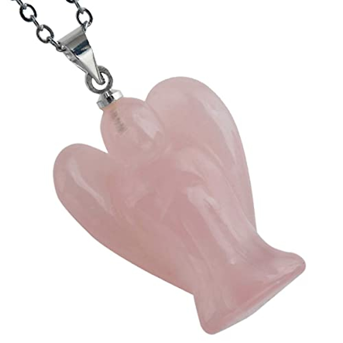 TUMBEELLUWA Guardian Angel Handmade Carved Healing Stone Crystal Pendant with Metal Alloy Chain, Rose Quartz