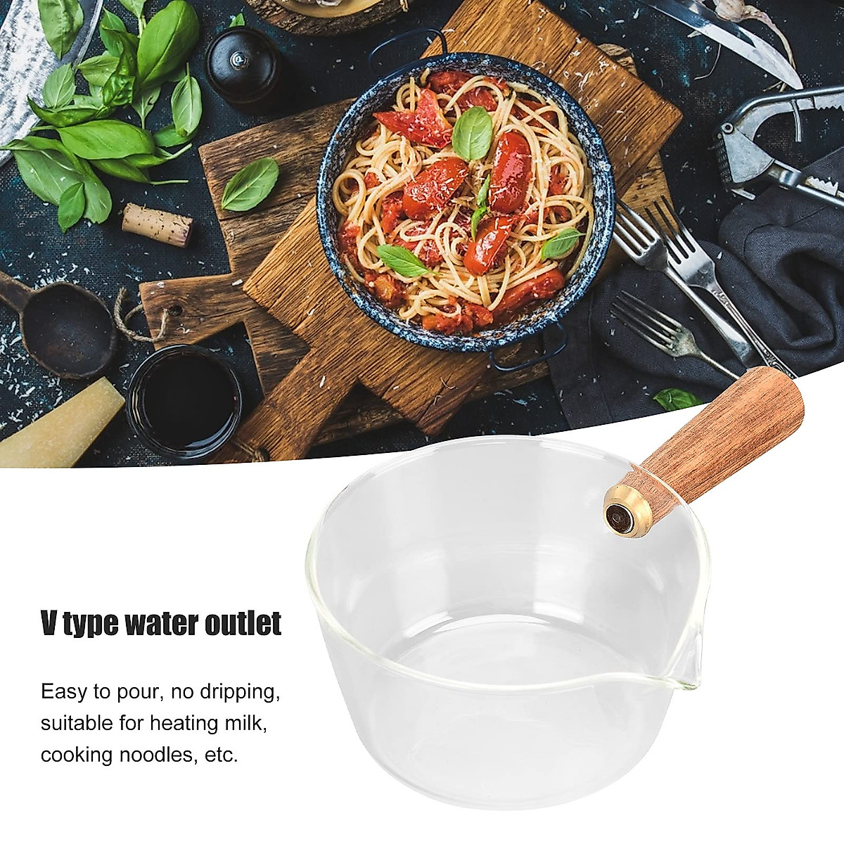 Glass Milk Pan with Wooden Handle,V Shaped Stovetop Pot,Nonstick Pasta Pot Borosilicate Glass Milk Pot,Saucepan Cooking Pot for Noodle Soup Milk Baby Food(400ml)