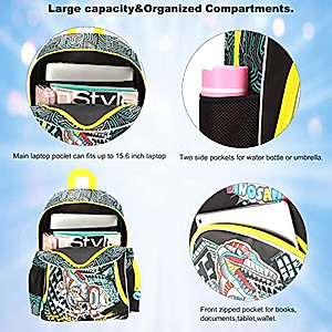 YOJOY Kids Backpack for Boys with Lunch Box Set Elementary School Bags 16 inch Kindergarten Primary Bookbags Football Dinosaur Backpacks (Black Dinosaur Set)