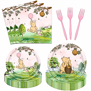 96 Pcs Classic Pooh Bear Party Supplies for Girls 24 Guests Baby Shower Tableware Plates Napkins Cartoon Little Bear Bees Dinnerware Table Decorations Newborn 1st Happy Birthday Party Favor