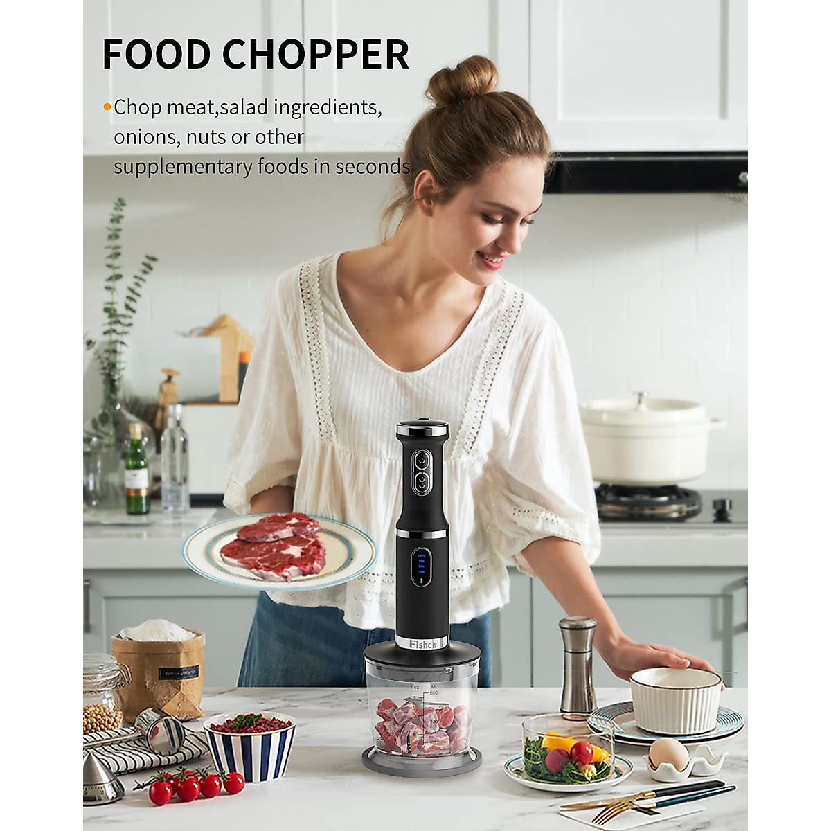 Cordless Hand Blender,Immersion Multi-Functional Hand Blender,4-In-1 Variable Speed Rechargeable,with Beaker,Food Chopper,Egg Whisk,for Baby Food, Smoothies, Sauces-Black