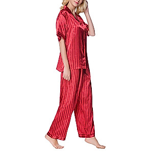 Lavenderi Women's Short Sleeve Classic Satin Pajama Set（Large,Red Stripe