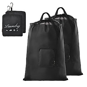 Travel Laundry Bags, 2Pcs JHX Foldable Dirty Clothes Bag 【Upgraded】 with Fixed Drawstring Net, Handles and Carabiner, Portable Laundry Bags for Travel and Fitness (Dark-Black) 30"H x 21"W