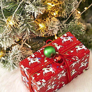 WRAPAHOLIC Reversible Christmas Wrapping Paper - 30 Inch X 100 Feet Jumbo Roll Red Santa Claus and Unicorn, Red and White Stripe Design