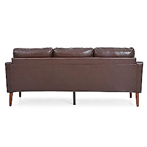 Pabby Yard PU Leather Sectional Sofa 3 Seat Comfy Couches Soft Cushion Sofa with Wooden Legs and 2 Pillows, Mid-Century Modern Sofa Classic Small Spaces Couches Living Room Furniture, Brown