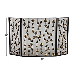 Deco 79 Metal Floral Foldable Mesh Netting 3 Panel Fireplace Screen with 3D Floral on Vines, 56" x 1" x 32", Gold